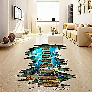 Quanhaigou 3D Floor Stickers,Sea World Fish Ocean Wooden Bridge PVC Art Wall Decal for Bathroom Living Room Nursery Bedroom Removable Decor