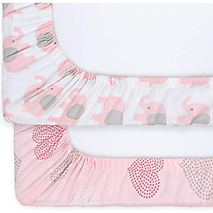 The Peanutshell Fitted Pack n Play, Playard, Mini Crib Sheets for Baby Girls | 2 Pack Set | Pink Elephants & Hearts