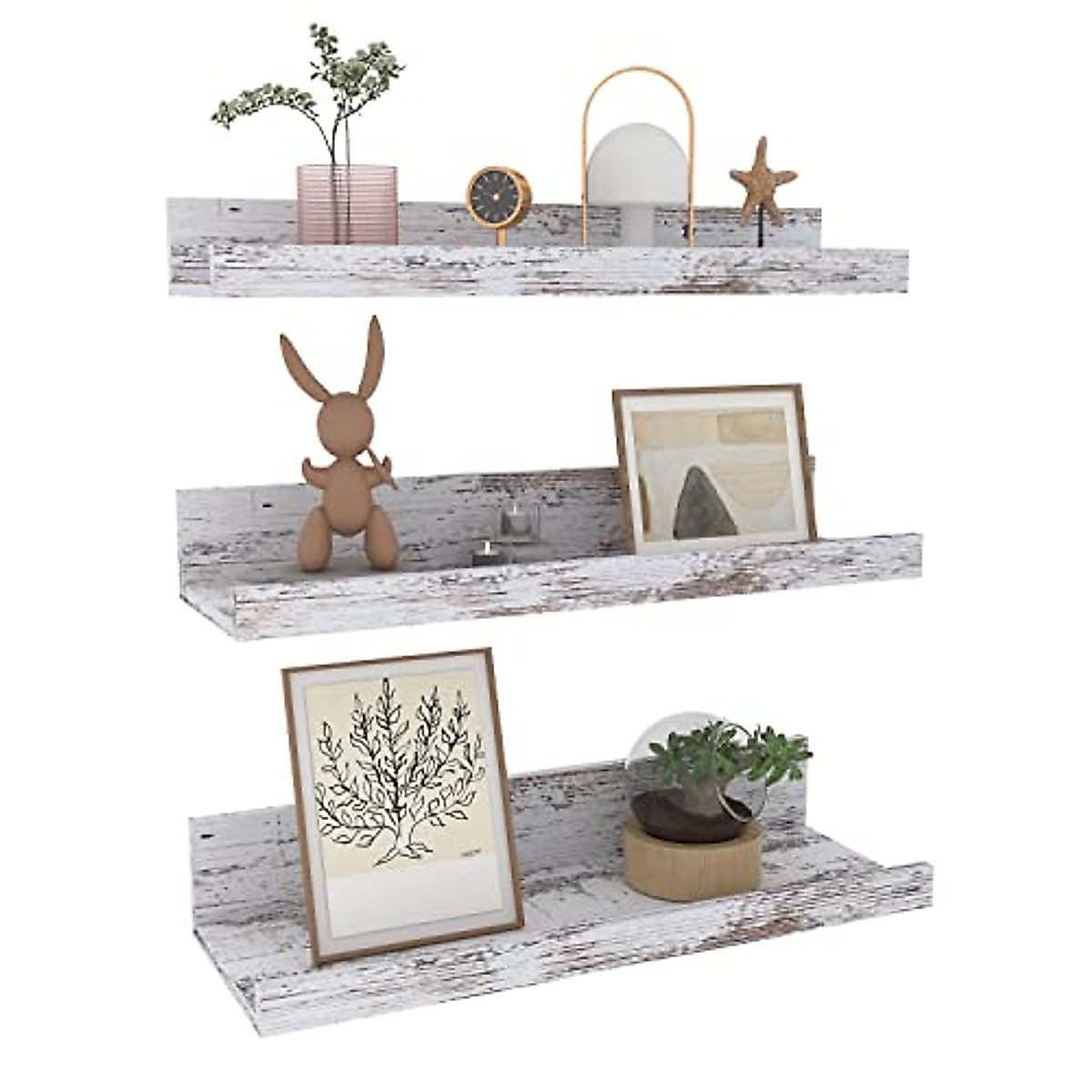 Lavezee 16 Inch Rustic Floating Shelves for Wall Set of 3 and 4x6 Distressed Rustic Picture Frames Set of 6