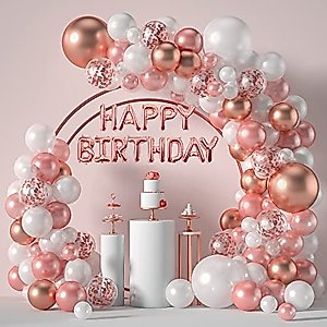 Janinus Rose Gold Balloons Garland Arch Kit- 5+12+18 Inch Rose Gold White Confetti Birthday Balloons Decorations For Women Girls Princess Engagement Wedding Birthday Party decorations