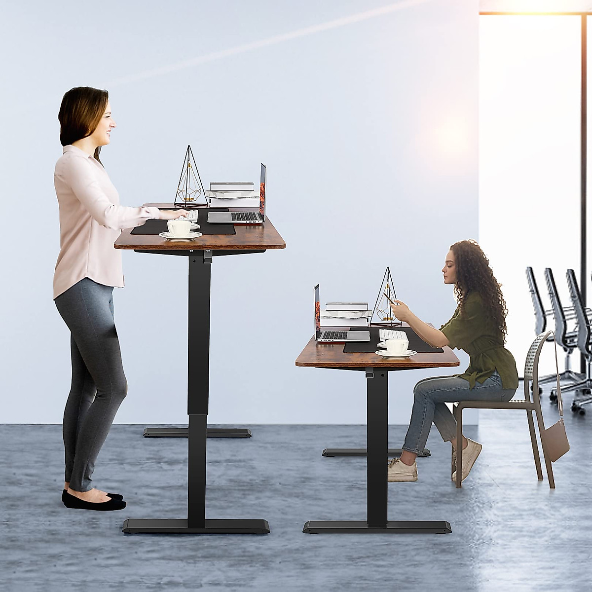 Legooin Electric Adjustable Height Standing Desk, 55×24 Inches Sit Stand Desk with Power Socket, 2 USB Ports, 3 Power Outlets, 4 Wheels,4 Memory Buttons Home Office Desk (Brown)
