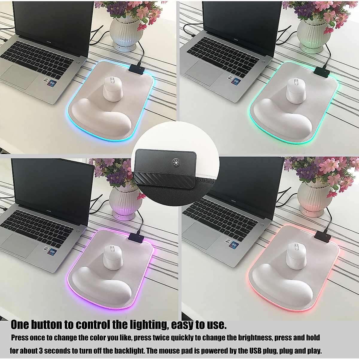 RGB Mouse Pad with Wrist Support, LED Mouse Pad with 13 Lighting Modes, Anti-Slip Rubber Base, Pain Relief Computer Ergonomic Mouse Pad for Gaming, Office, Home, 11.8 x 8.5 in (White)