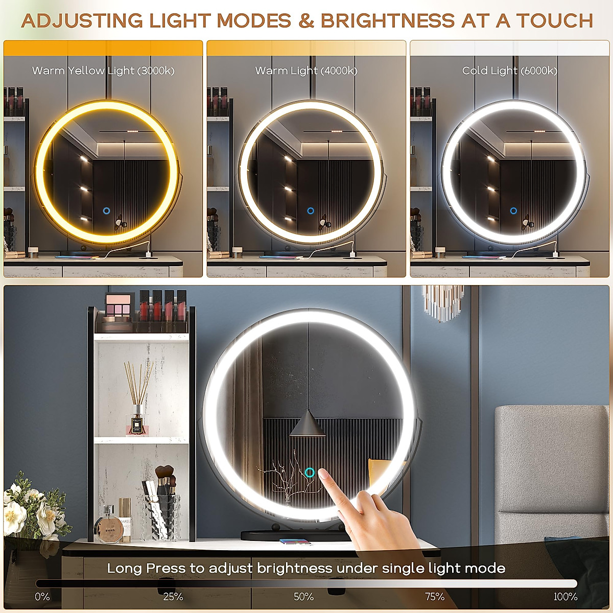 LVSOMT Vanity Desk with Mirror and Lights, Makeup Vanity Table with 3-color Lights & Charging Station, Vanity Set with 5 Drawers, Dressing Table with Stool for Women Girls (Wood White)