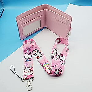 Kawaii Kitty Cat Badge Wallet with Lanyard, ID Card Holder Purse Pouch with Buckle, Wallet Durable Card Holder Credit Card Holder Money Bag for Students Teens Girls Boys