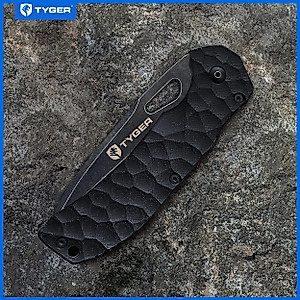 Tyger K4 EDC Folding Pocket Knife | Stone-washed AUS-8 Steel Blade with Black Titanium Ion Carbide Coating | Black G-10 Handle | TG-KF7A2858