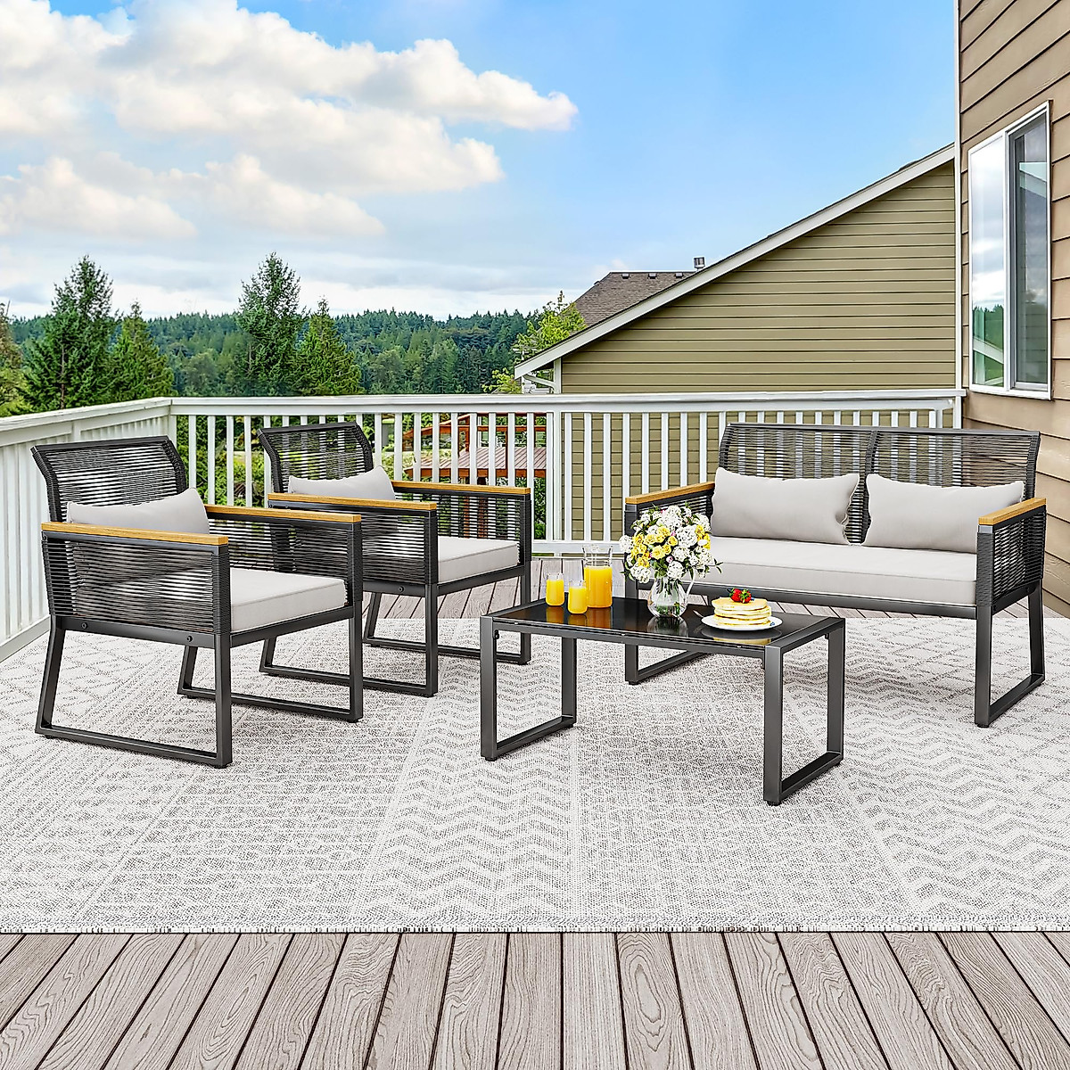 YITAHOME 4-Piece Outdoor Wicker Patio Conversation Furniture Set, All-Weather Wicker Bistro Rattan Loveseat Set with Wooden Armrests, Metal Side Table and Cushions for Backyard, Balcony, Deck, Black