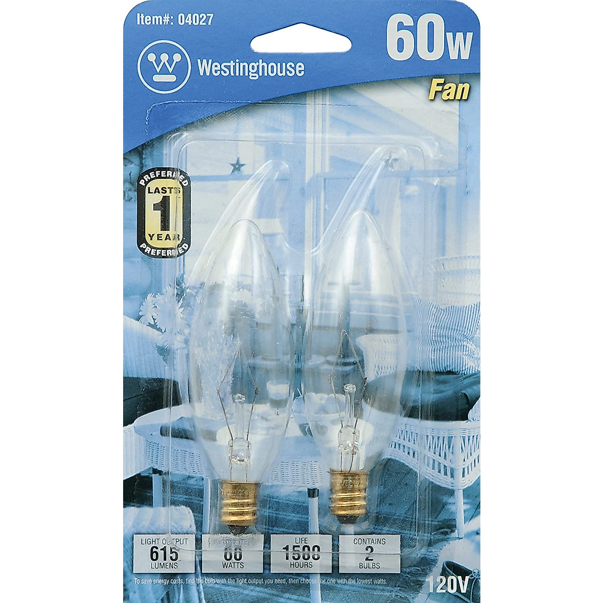 Westinghouse 4027 60-Watt, B10 Decorative Ceiling Fan Bulb, Candelabra Base, Clear, 2-Pack
