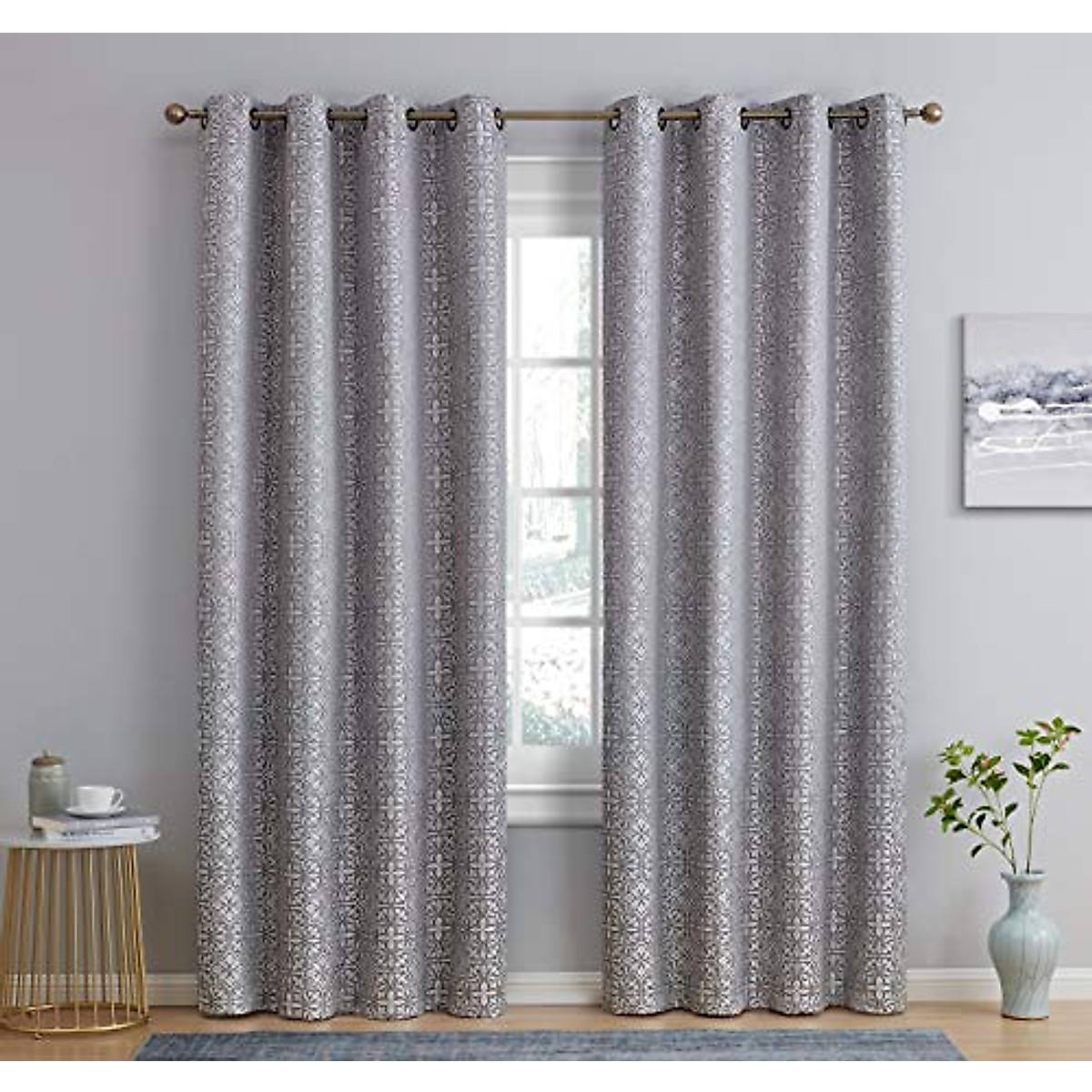 HLC.ME Mia Moroccan Tile 100% Complete Blackout Heavy Thermal Insulated Energy Savings Heat/Cold Blocking Grommet Short Curtain Drapery Panels for Bedroom & Living Room, 2 Panels (52 W x 63 L, Grey)