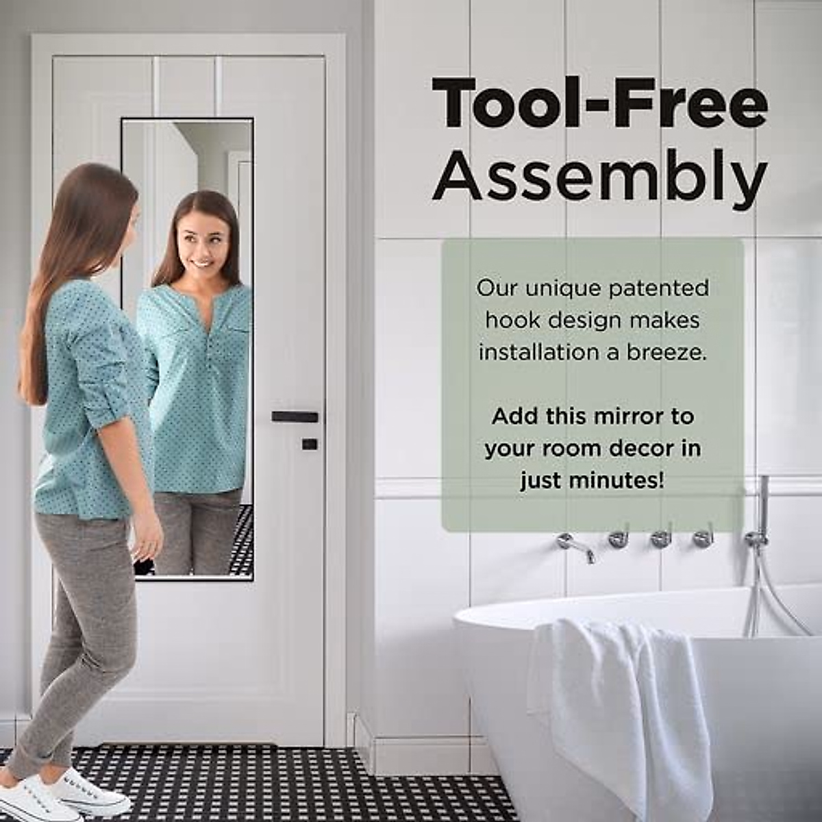 Mirrotek - Full Length Adjustable Over The Door Mirror Black Aluminum Finish - Hanging Instant Install Long Full Body Mirror for Bedroom, Dorm Room