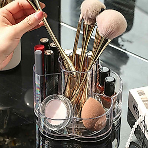 Makeup Brush Holder, Acrylic 6 Slots Skincare Organizers, 360 Degree Rotating Pen Bucket, Decorative Clear Vanity Cosmetics Display Case for Lipstick Beauty Egg Foam Eyebrow Pencil Powder Tube