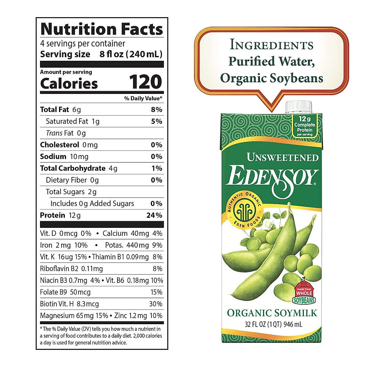 Edensoy Unsweetened Eden Organic Soymilk, Non-GMO, USA Whole Soy (Soya) Milk, Non-Dairy, Vegan, Plain, Shelf Stable, 32 oz (6-Pack)