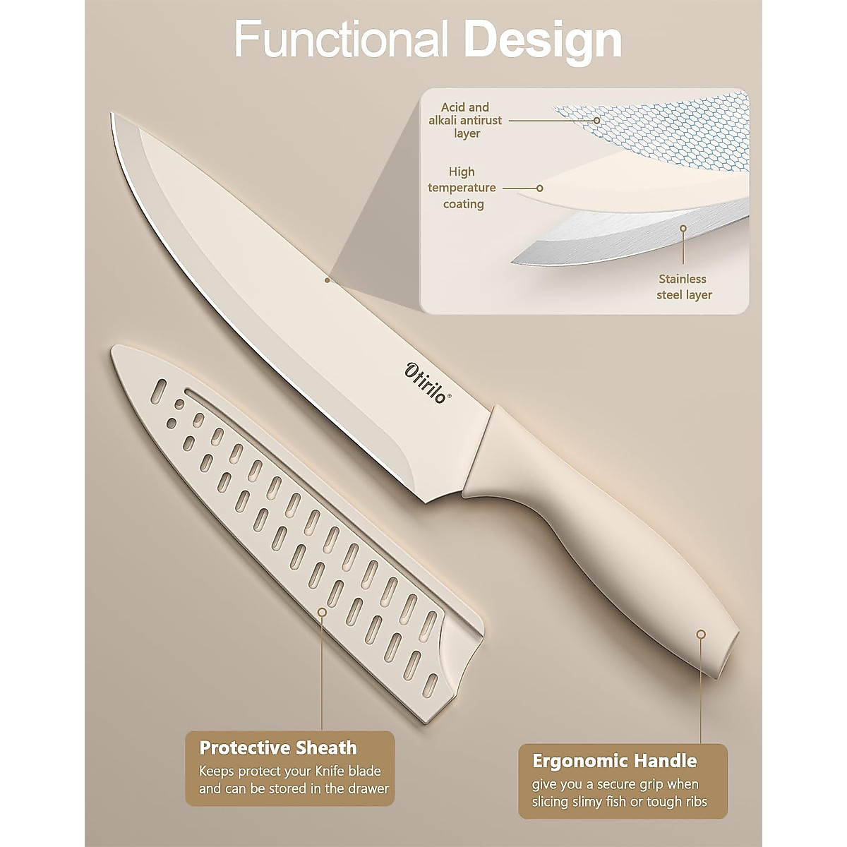 Otirilo 13 Pieces Kitchen Knife Set, Granite Nonstick Ceramic Coating Stainless Steel Sharp Chef Knives Set with Blade Guards & Kitchen Scissors, Essential Knife Set for Kitchen, Dishwasher Safe,White