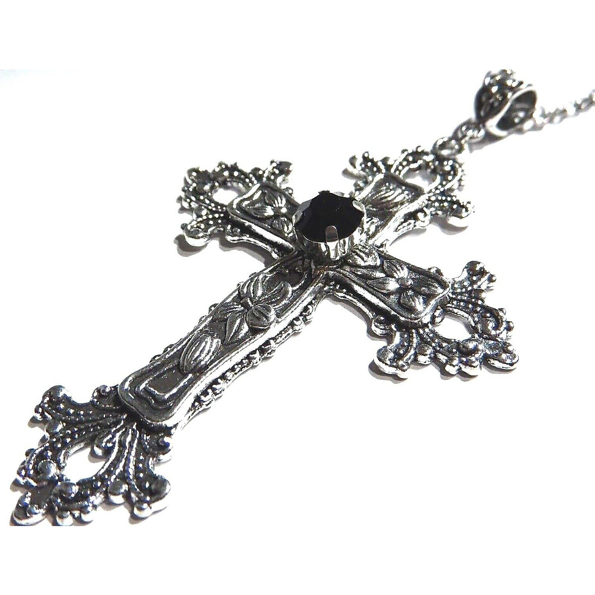 Large Gothic Cross Necklace silver-tone pendant with black glass stone, on 24" steel chain