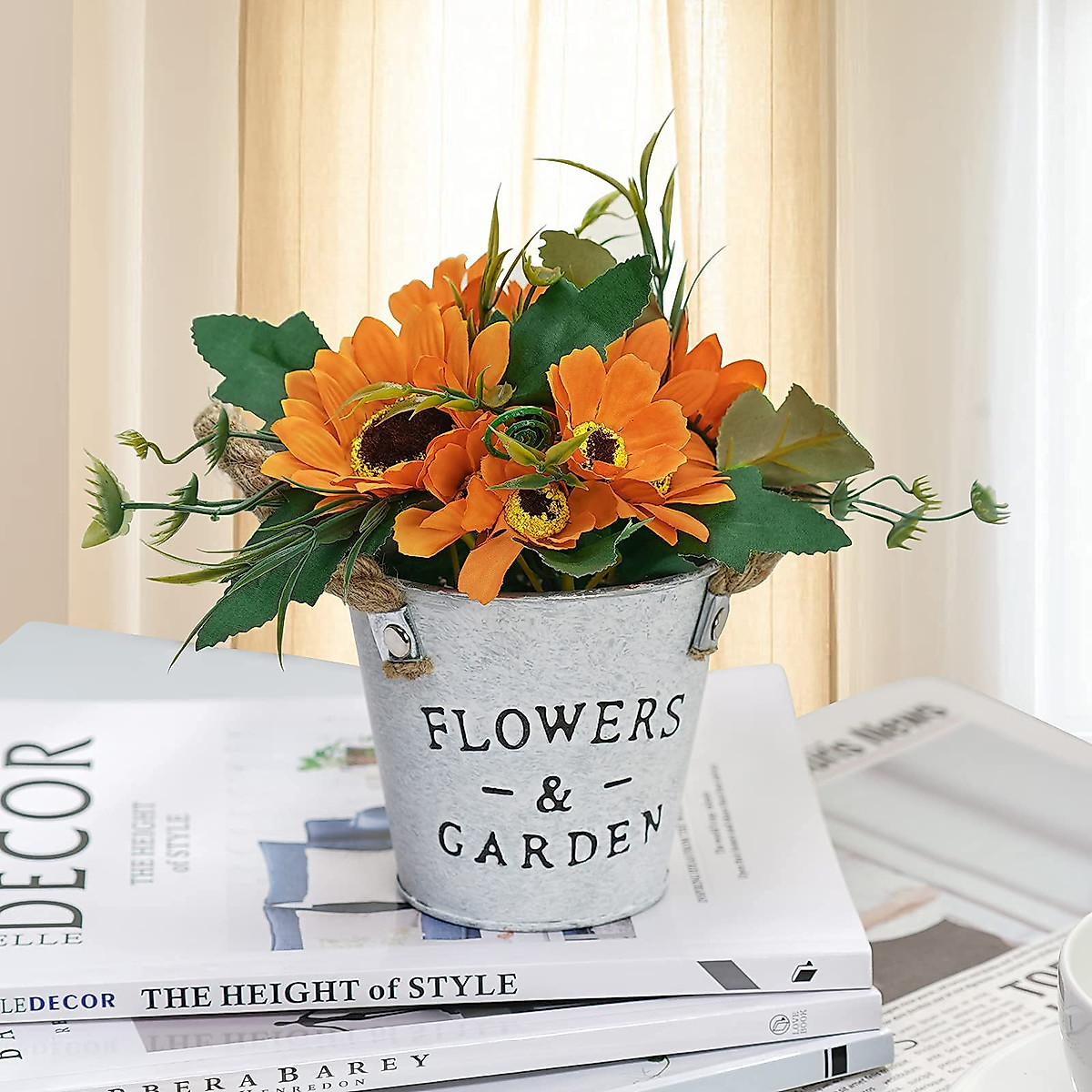 Artificial Sunflower Pot Shape Bonsai, 1 Pc Artificial Sunflower with Vase Metal Potted Fake Flower Artificial Sunflowers Bouquet for Party Office Garden Table Home Decor Windowsill (Orange Yellow)