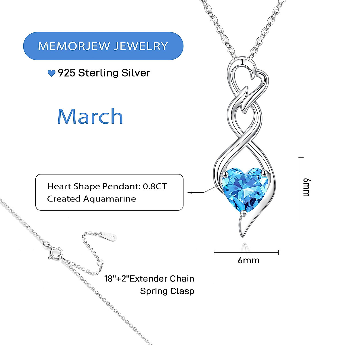 Blue March Birthstone Necklace for Women, Dainty Aquamarine Necklace Jewelry 925 Sterling Silver Heart Birthstone Gemstone Necklace Valentines Mothers Day Gifts for Her Wife Mom Anniversary Birthday Gifts for Women