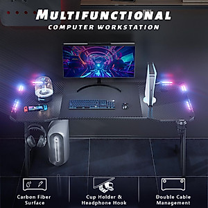 HLDIRECT 55 Inch Gaming Desk with LED Lights Carbon Fibre Surface Gaming Table Large Computer Desk Ergonomic Home Office Desks Z Shaped PC Gamer Workstations with Cup Holder & Headphone Hook Black