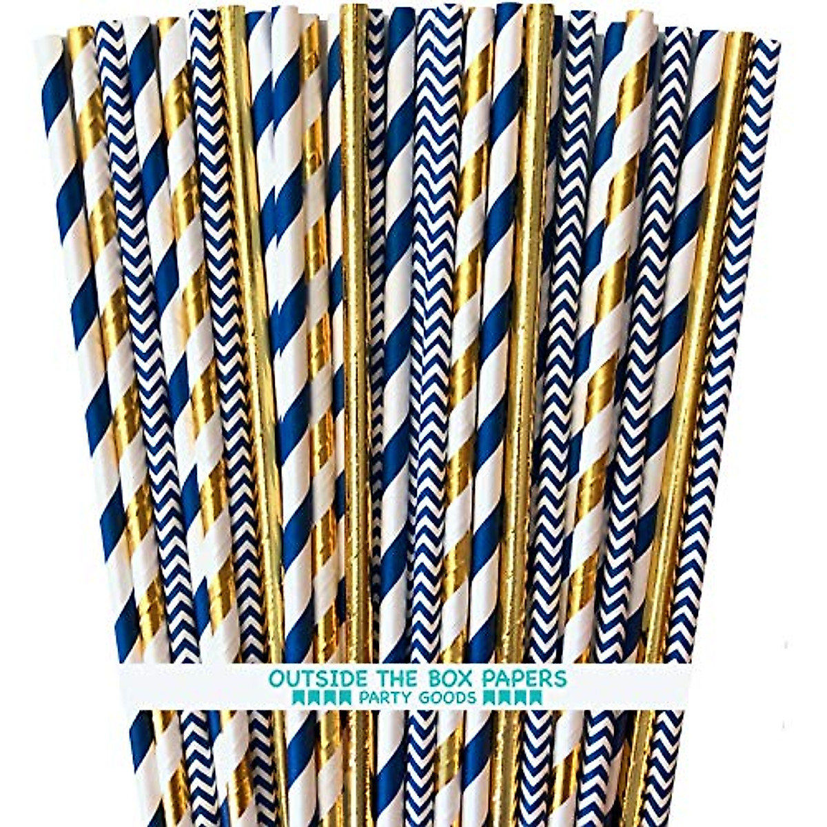 Navy Blue and Gold Foil Paper Straws - Stripe Chevron Solid - 100 Pack