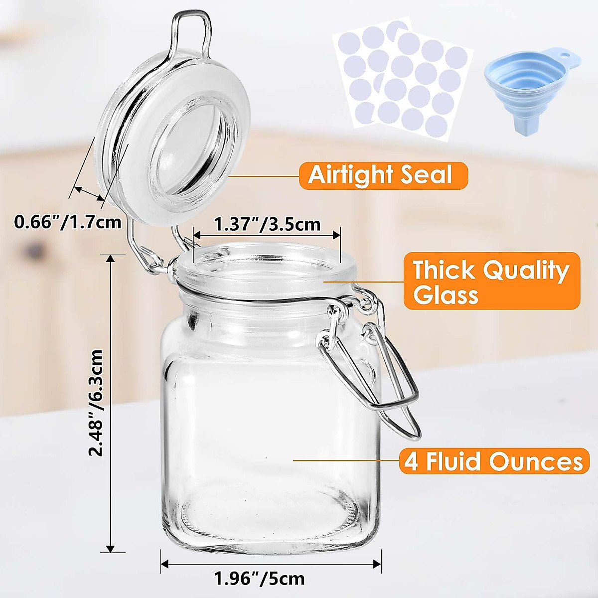 SKOCHE Spice Jars 15 Pack - 4 oz Small Glass Jars with Airtight Hinged Lids, Spice Herb Jars with Labels and Silicone Funnels, 4oz Glass Jars with Lids Ideal for Spice Herbs