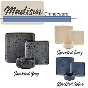 Tabletops Gallery Madison Fashion Dinnerware Collection- Square Contemporary Modern Reactive Glaze Dinner Salad Plate Bowl 4 Place Setting, 12 Piece Madison Dinnerware set in Speckled Blue