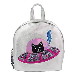 Rising Phoenix Industries Faux Leather Metallic Silver Backpack Purse Bag with Fun Kitty Cat in Spaceship Design for Women (Silver)