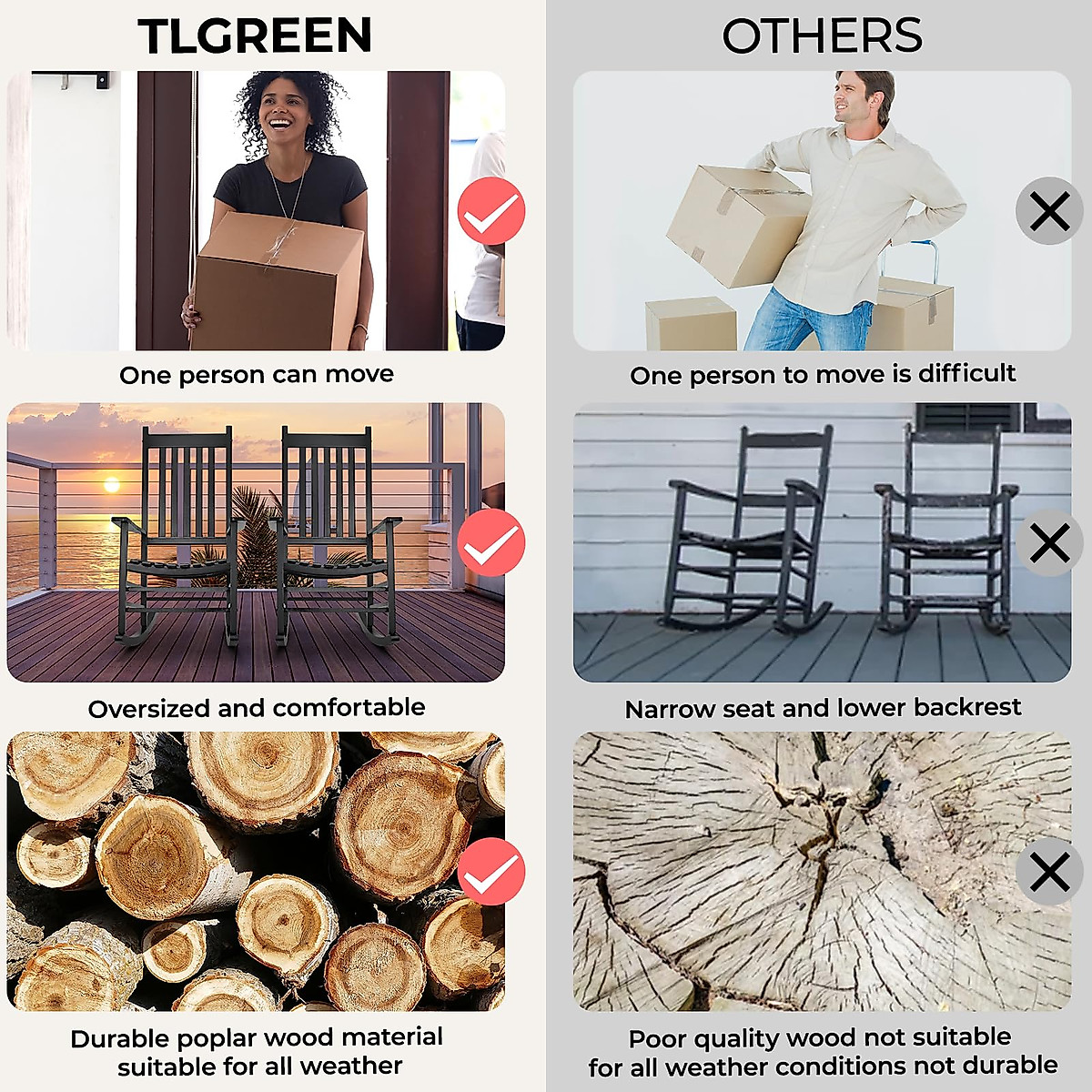 TLGREEN Outdoor Rocking Chair, Solid Wood Oversized Rocking Chair Outdoor with Wide Seat，All Weather Porch Patio Wooden Rocking Chair, Easy to Assemble for Indoor,Outdoor （Black）