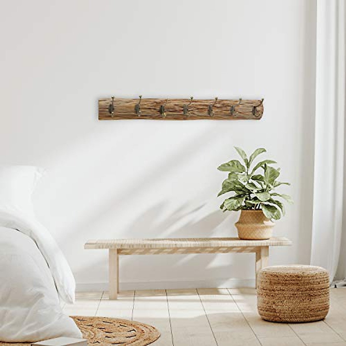 WHW Whole House Worlds Rustic 7 Hook Coat Rack, Wall Mounted, Oak Wood Plank with Tarnished Brass, Iron Hooks, 29.5 Long x 4.75 Tall x 3.25 Wide Inches, Bark-Peeled Finish