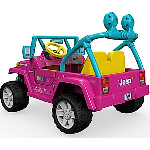 Fisher-Price Power Wheels Battery Powered Barbie Jeep Wrangler Car with Steering Wheel, Music Playing Radio, Roll Bar, and Power Lock Brakes