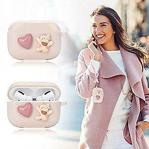 Cute Love Heart Cat AirPod Pro Case with Pink Pearl Chain Smooth Soft Protective Cover Compatible with AirPods Pro Case for Women and Girls.