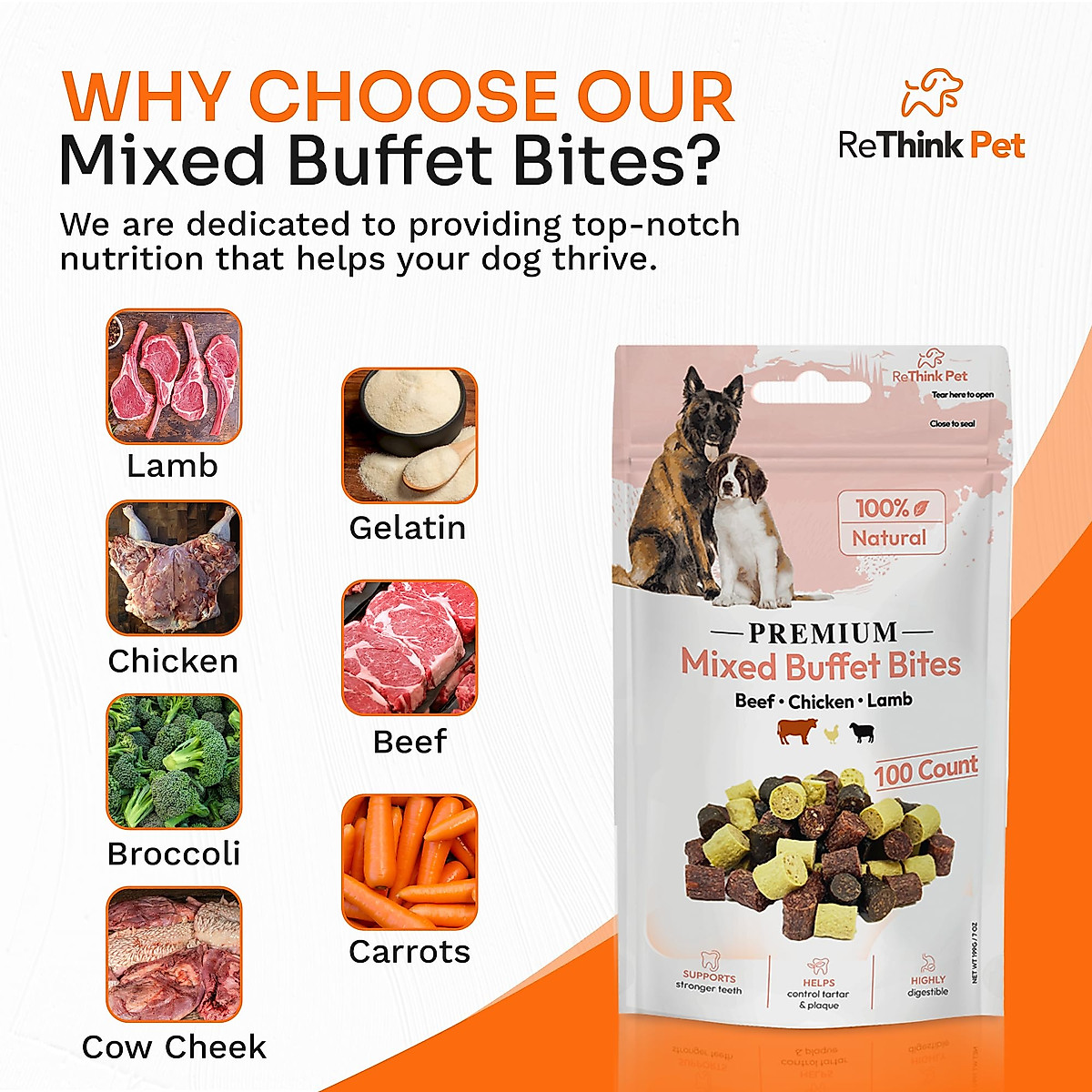 ReThink Pet 100 Pieces Dog Training Treat, Protein Rich Bites with Beef, Lamb & Chicken, High Digestible, Healthy Dog Training Treats, Great Tasting, Long Lasting, Dog Chew, Suitable for Small Dog