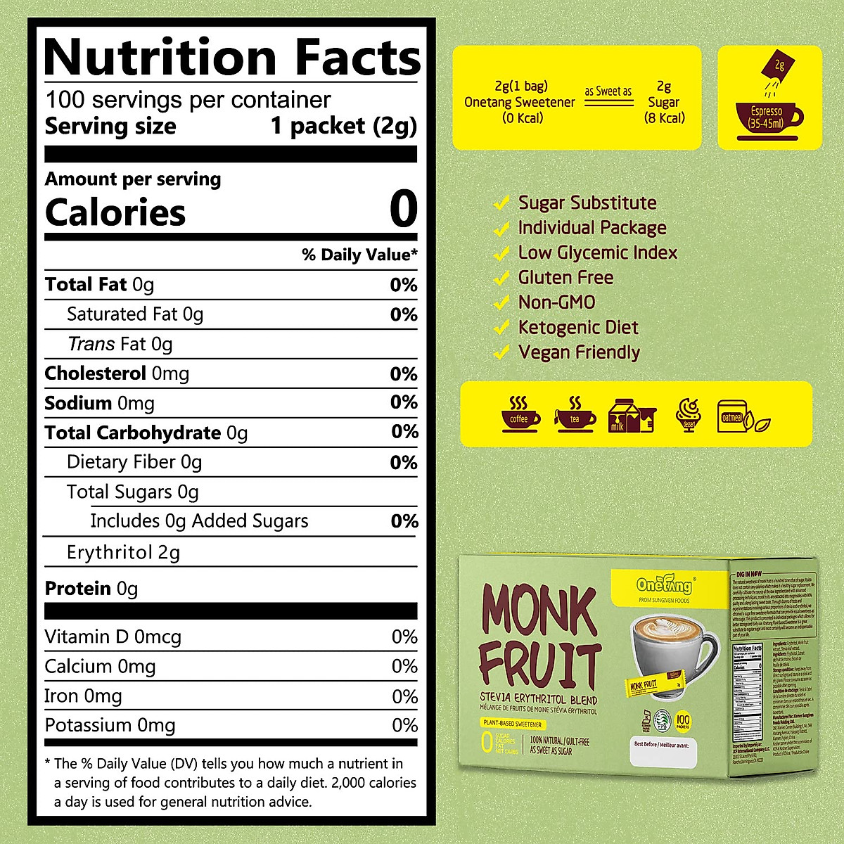ONETANG Classic Monk Fruit Sweetener with Erythritol- White Sugar Substitute, Zero Calorie, Keto Diet Friendly, Zero Net Carbs, Zero Glycemic, Baking, Extract, Sugar Replacement 7.05 oz（100 count）