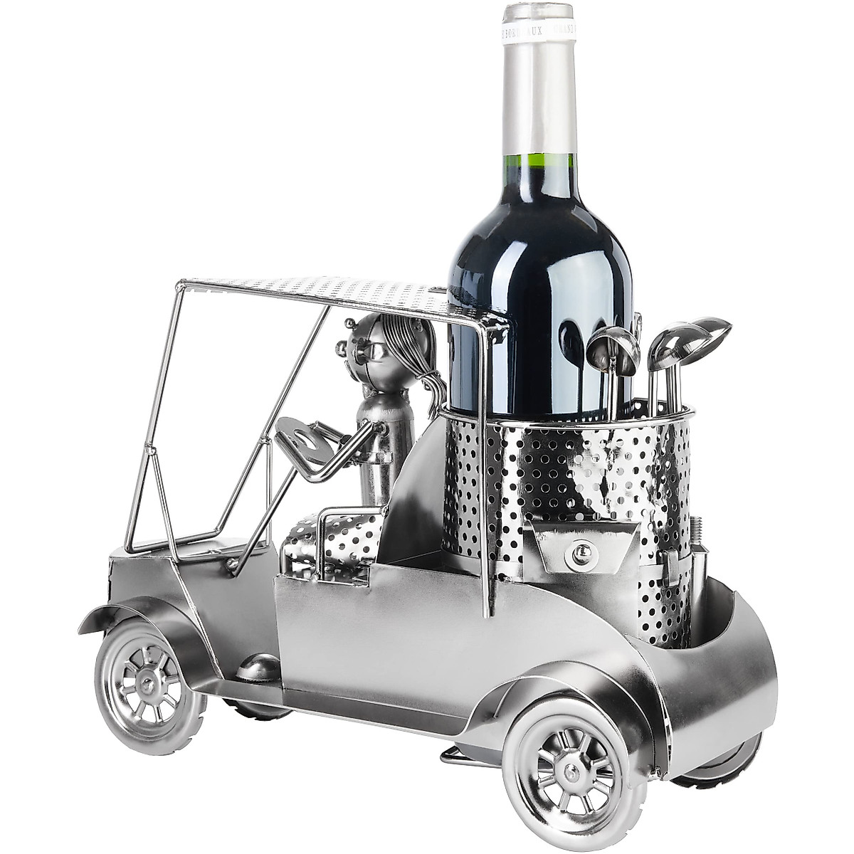 BRUBAKER Bottle Holder Female Golf Player in Golf Cart - Silver Metal Sculpture Wine Gift for Golfer and Sport Women - Wine Bottle Stand with Greeting Card