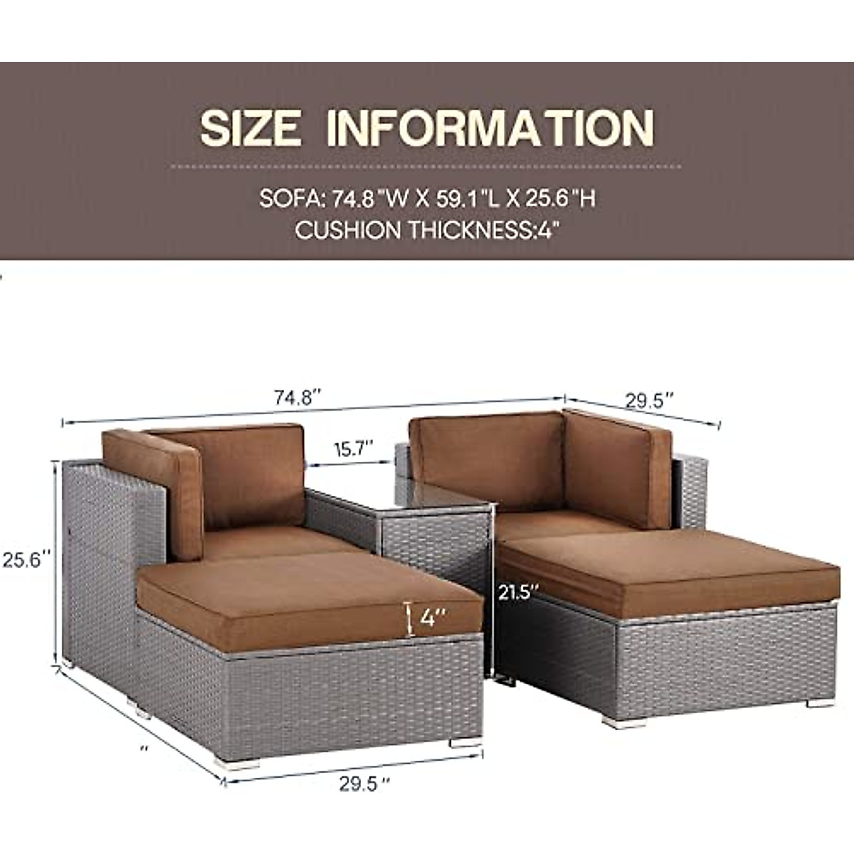 Oakmont 5 Pieces Patio Furniture Sectional Set Outdoor All-Weather PE Rattan Wicker Lawn Conversation Sets Cushioned Garden Sofa Set with Glass Coffee Table(Brown)