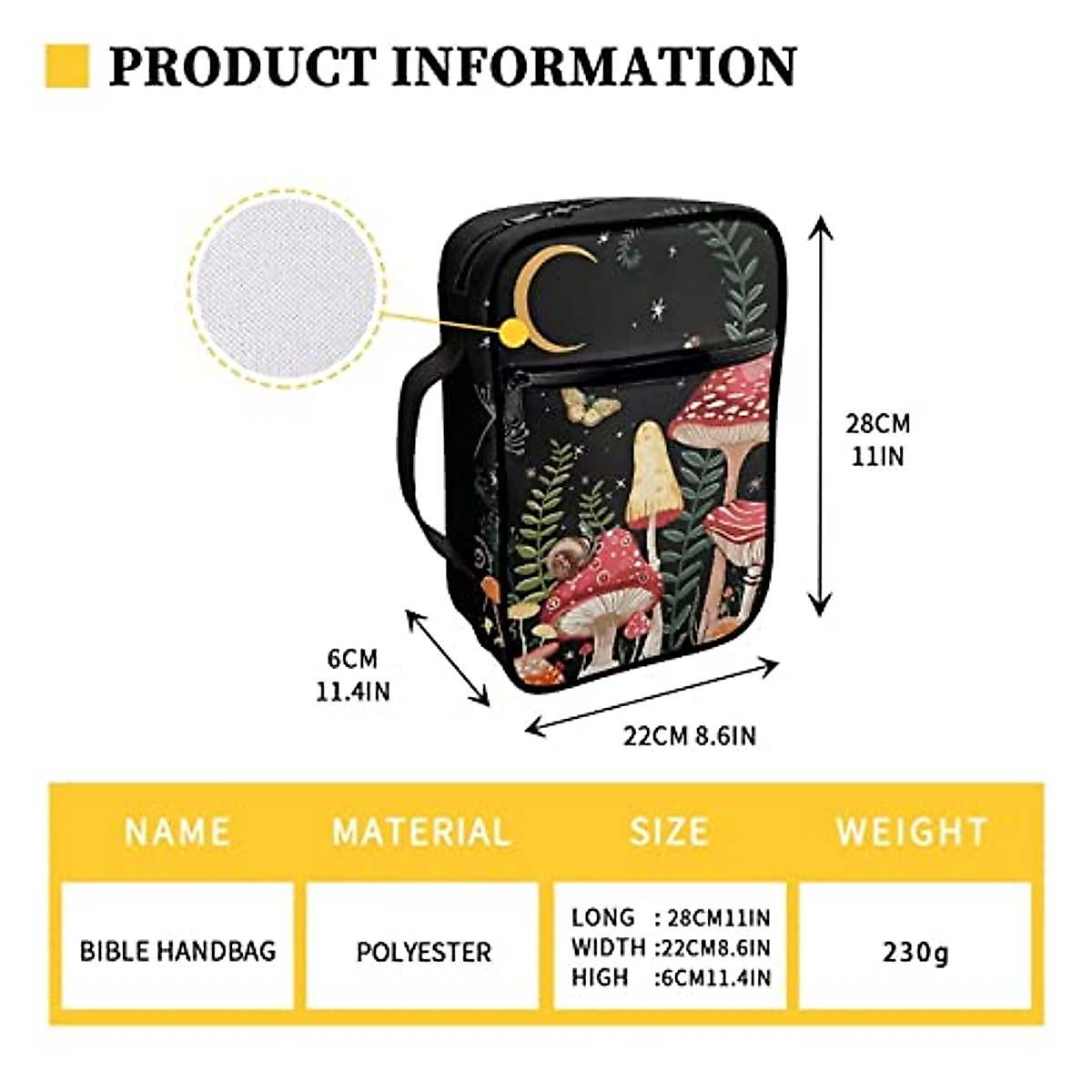 BYCHECAR Large Bible Case for Women Mushroom Bible Study Bag with Pockets Bible Protective Carrying Case Carrier Tote Bag Bible Hand Bag Bible Accessories with Handle Pocket