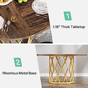 Tribesigns Round Dining Table for 4 People, Circle Dining Room Table with Metal Base, 47.2 Inch Round Kitchen Dinner Table for Living Room Kitchen Dining Room (Gold and Brown)