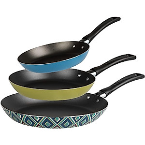 Ekco 3-Piece Frying Pan Set (7.1, 7.9 & 9.4 IN) For all Stovetops, Dishwasher Safe - Lightweight Aluminum Skillets, Non-Stick & Riveted Bakelite Handle (Photopaint Blue & Green) PFOA & PTFE Free