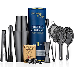 Mixology & Craft Cocktail Shaker Set - 11-Piece Bar Accessories Kit w/Weighted Boston Shaker, Strainer, Jigger, Muddler and More - Home Bartending Tools, Accessories for Bartender, Black