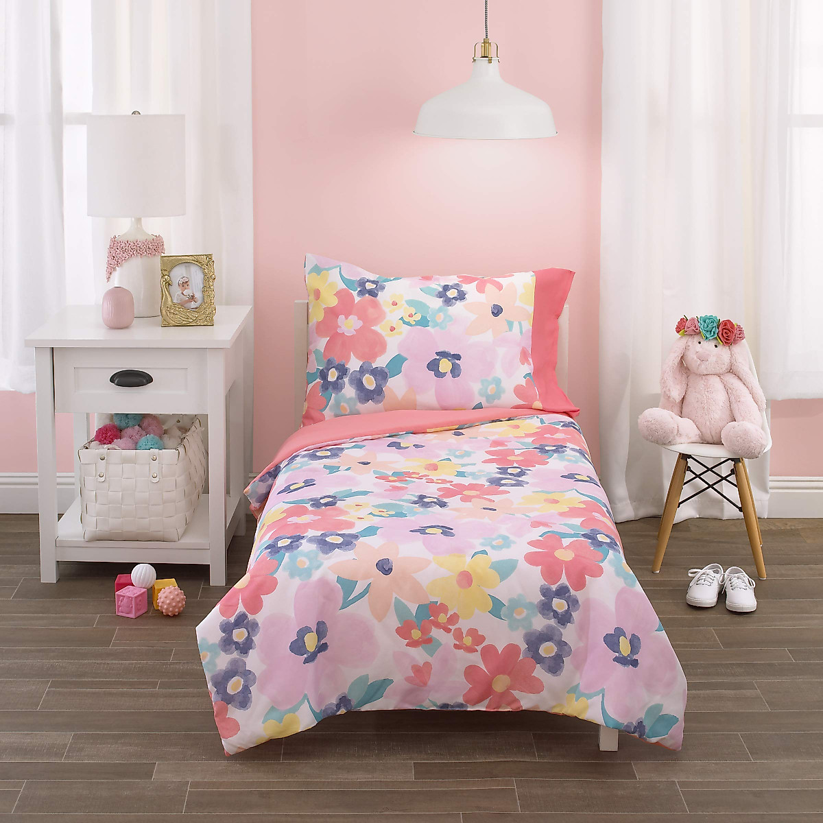 CARTERS Pink, Orange and Mint Floral 4 Piece Toddler Bed Set - Comforter, Fitted Bottom Sheet, Flat Top Sheet and Reversible Standard Pillowcase