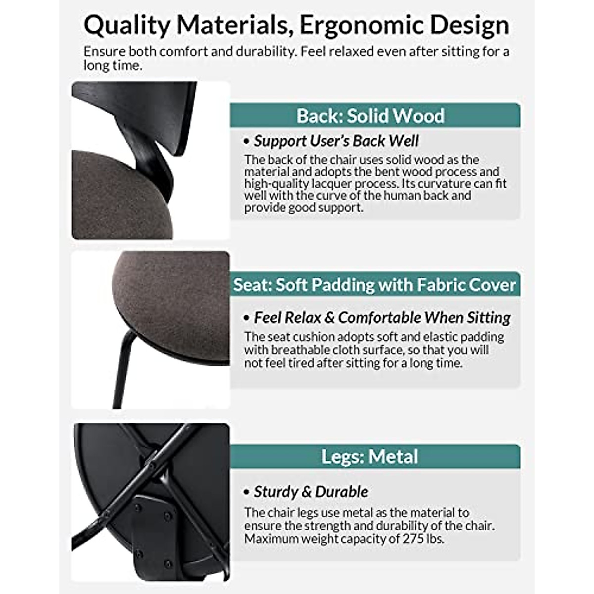 STARWAY Dining Chairs, Set of 2, Mid Century Modern Upholstered Chairs with Solid Wood Back & Sturdy Metal Legs, Modern Style Side Chairs Accent Chairs for Home, Bistro, Coffee Shops, 18.5", Black