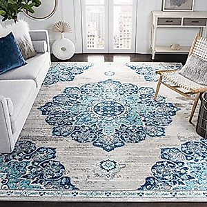 SAFAVIEH Brentwood Collection 8' x 10' Navy / Light Grey BNT849M Medallion Distressed Non-Shedding Living Room Bedroom Dining Home Office Area Rug