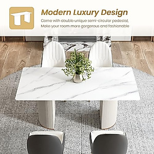 LovingAHome Modern Rectangle Marble Dining Table for 8,79" White Marble Sintered Stone Dining Table with Semi-Circular Pedestal,Faux Marble Kitchen Dinner Table Wrapped in PU Leather (Table Only)