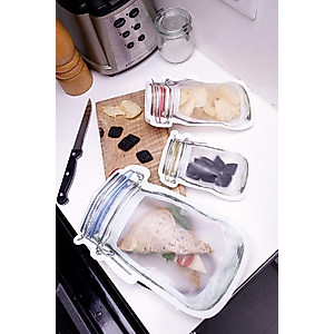 10Pcs Mason Jar Pattern Food Storage Bag Reusable Portable Stand Up Smell Proof Ziplock Bags Snack Saver Container Retail Package Bag Frosted Pouches Blue 9.6×6.7in (24.5×17.5cm)
