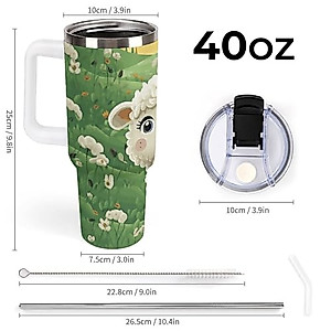 LLUTSNTH 40 Oz Vacuum Tumbler with White Handle Leakproof Insulated Tumbler Cute Cartoon Sheep Stainless Steel Travel Mug with Lid And Straw Coffee Cup Cute Water Bottles Cup Holder Friendly