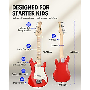 Donner 30 Inch Kids Electric Guitar Beginner Kits ST Style Mini Electric Guitar for Boys Girls with Amp, 600D Bag, Tuner, Picks, Cable, Strap, Extra Strings, DSJ-100, Red