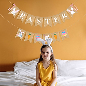 JOZON Easter Burlap Banner and Bunny Easter Eggs Carrot Burlap Banner Easter Banner Garland with Bunny Rabbit Signs and Bows Easter Decorations Party Decor for Easter Spring Party Supplies