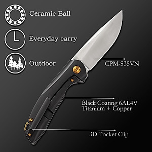 KANSEPT Pocket Knife Mini Accipiter, CPM-S35VN 6.73in Front Flipper Pocket Knives with 2.95in Drop Point Blade and Copper and Titanium Handle, Camping Hunting,EDC Tactical Knives K2007A3