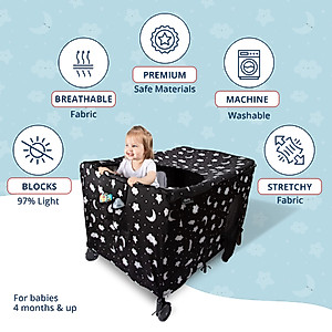 Bebey Pack n Play Blackout Cover - Blocks 97% of Light, Breathable and Stretchy Fabric with 1 Side Pocket, 3 Quick-Access Windows with Zippers - Blocks Light, Easy to Install, Portable, and Anti-climb
