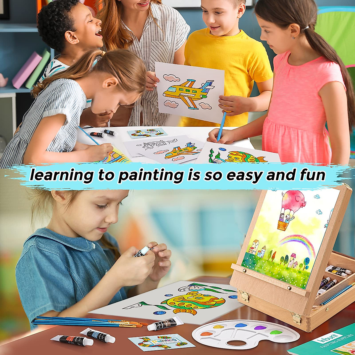 Inburit Art Paint Set with Wooden Easel Box, 24 Colors Acrylic Paints, 8 Paint Brushes, 6 Canvas Panel Deluxe Paining Supplies kit for Kids, Student, Adult & Artist