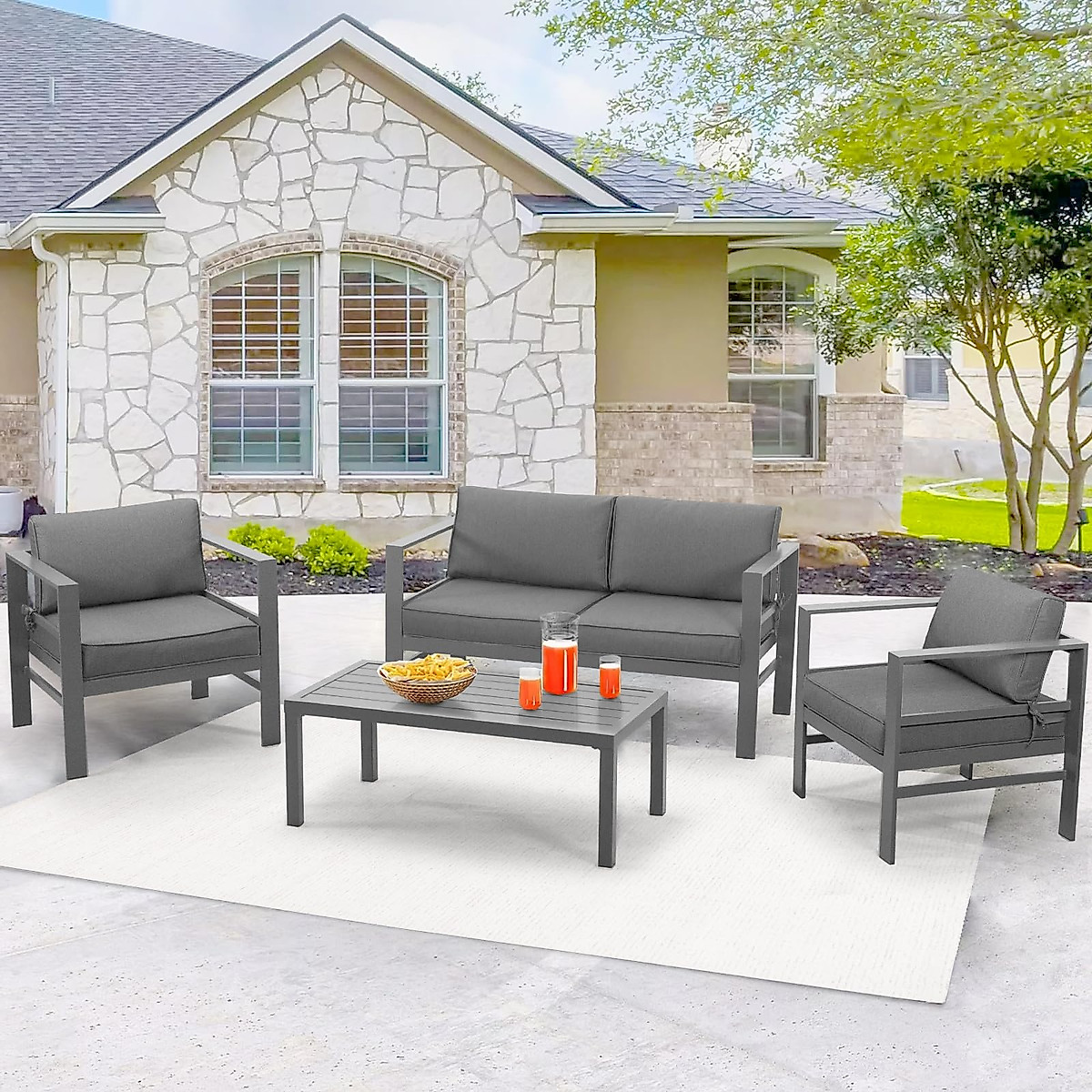 FYRICKYLINOO 4 Piece Cast Aluminum Outdoor Patio Furniture Set, All-Weather 4 PCS Modern Aluminum Outdoor Conversation Sets Metal Patio Sectional Chat Sofa with Coffee Table, Dark Gray