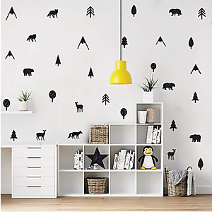 IKEYU Woodland Animals Wall Stickers Mountain Tree Wall Decals Black Vinyl Jungle Stickers Forest Animals Wall Decals for Kids Room Nursery Bedroom Decor