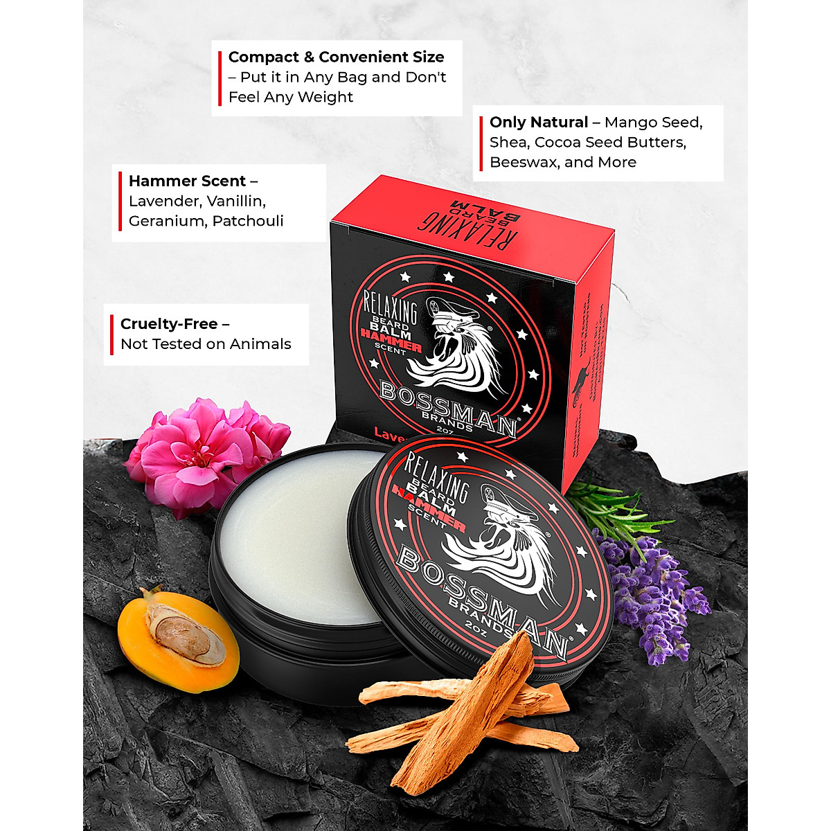 Bossman Relaxing Beard Balm - Beard Tamer, Relaxer, Thickener and Softener Cream - Beard Care Product - Made in USA (Hammer Scent)